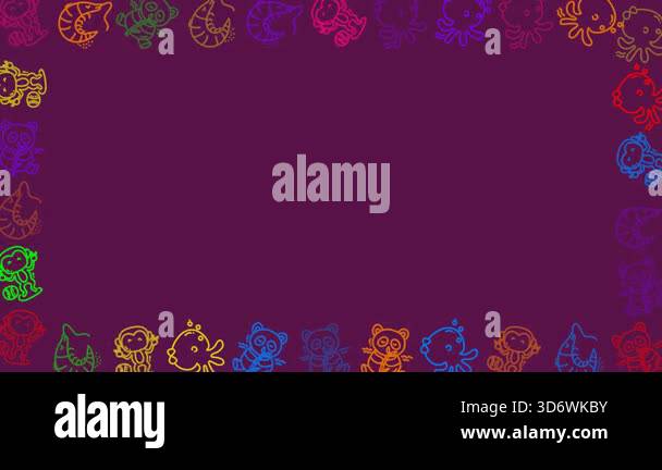 Doodle baby animals frame a purple background in a whimsical handdrawn ...