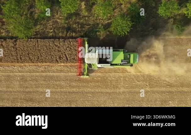 Above top view, dolly move over, follow agricultural harvester, combine ...