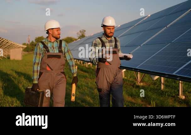 Two caucasian engineers wearing hard hats and overalls are walking and ...
