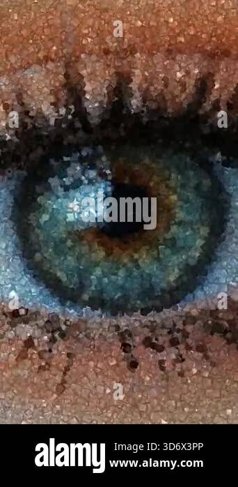Elegant moving cubes assemble into a human eye close up against a ...