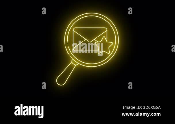 Glowing yellow neon outline of a magnifying glass focusing on an ...