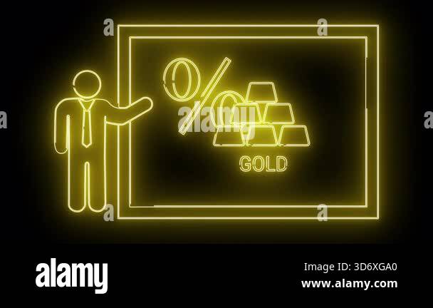 Yellow neon outline of a person presenting a chart of percentage and ...