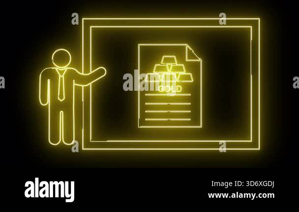 Glowing neon design stick figure points to document with gold bars ...
