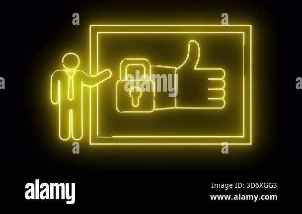 Yellow neonlike image figure stands by graphic of padlock thumbsup sign all within a rectangle ...