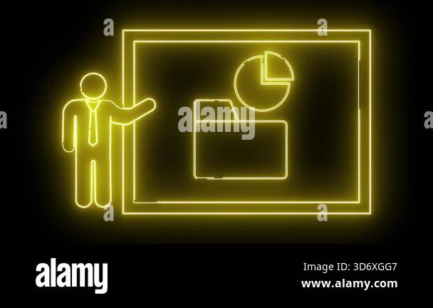 Yellow neon outline of a stick figure presenting a folder pie chart on ...