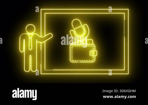 Neon outlines lecturer gesturing to a microphone wallet icon within a ...