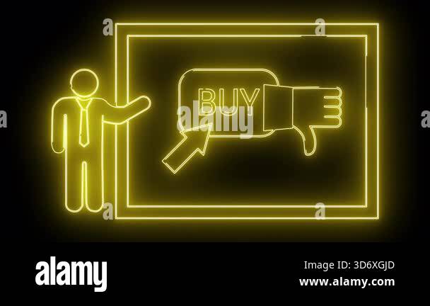 Yellow neon sign with stick figure Buy button with mouse cursor thumbs ...