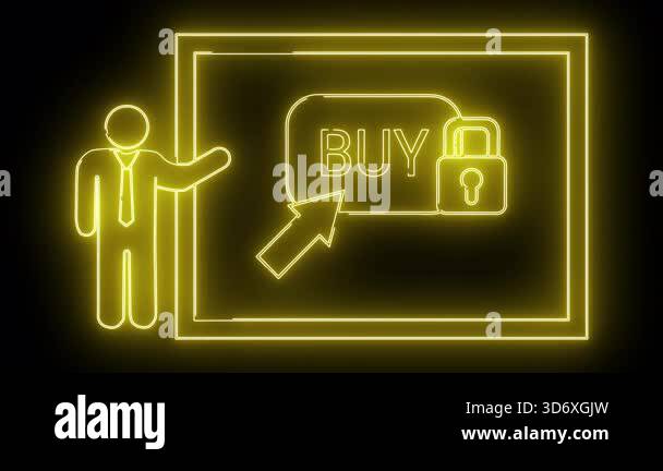 Yellow neon graphic figure BUY button cursor lock in a square frame ...