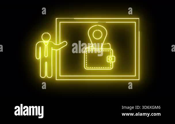 Neon yellow outline of person by screen showing wallet with location ...