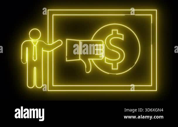 Neon drawing of a stick figure pointing to a thumbs down on a dollar ...