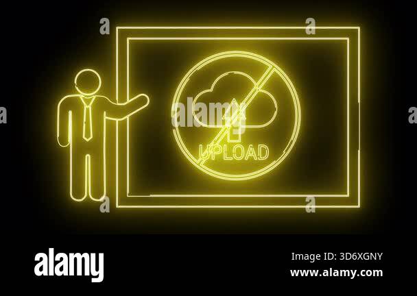 A yellow neon sign showing a person pointing to a screen with a no ...