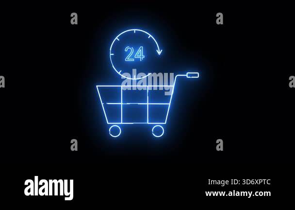 A shopping cart icon with a 24 symbol and an arrow all glowing blue ...