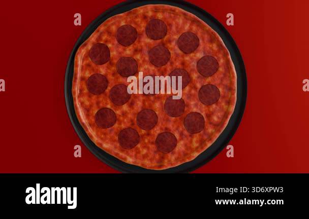 A 3d animation of spinning classic pepperoni pizza set against a dark ...
