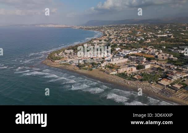 Aerial, panoramic view of the northern coast of the island of Crete ...
