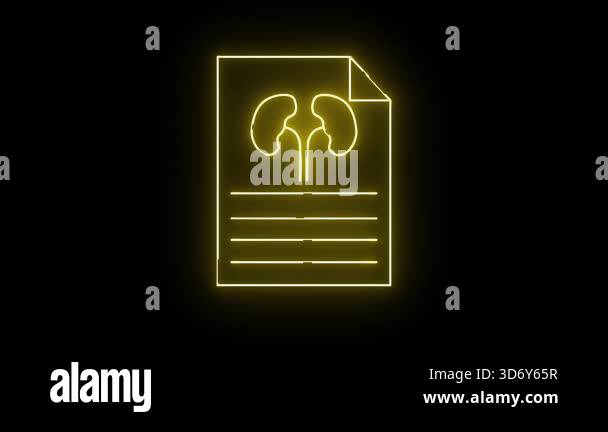 A glowing yellow neon outline of a medical report with a kidney diagram ...