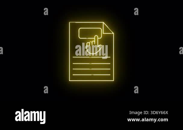Yellow neon icon document with hand hovering over a button Stock Video ...