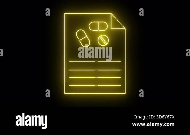 Glowing yellow neon icon of a medical prescription with pills against a ...