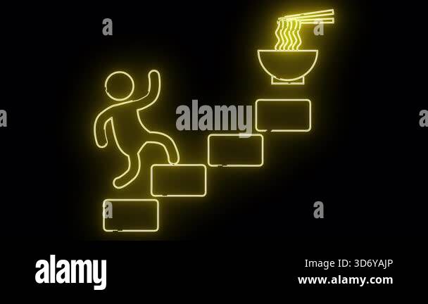 Glowing yellow neon stick figure climbs stairs toward a bowl of noodles ...