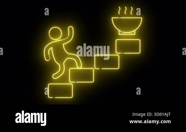 Neonyellow outline shows a stick figure ascending stairs toward a ...