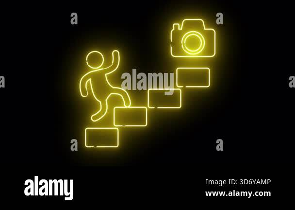 Glowing yellow stick figure climbs steps toward camera icon on black ...