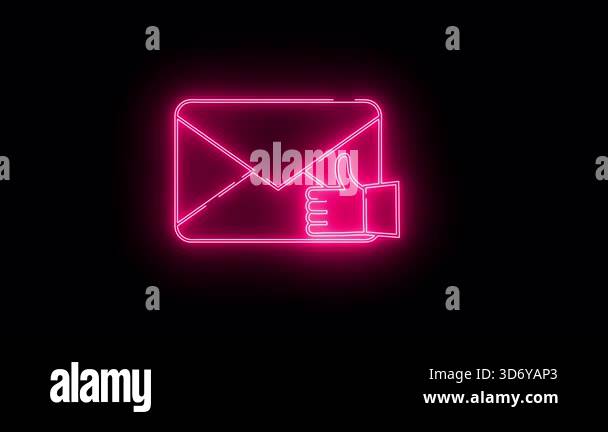 Neon pink email icon with a thumbsup graphic against a solid black ...