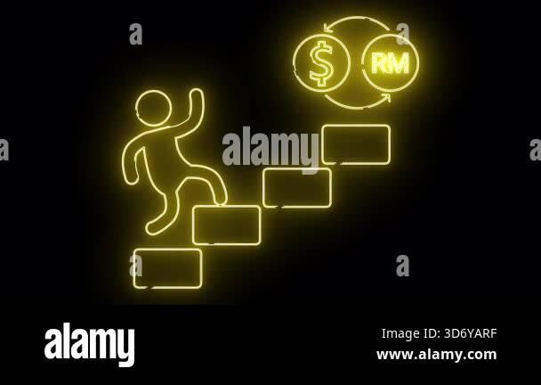 Yellow neon art shows stick figure climbing block stairs to ...