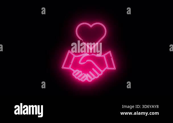 Pink neon handshake below a heart lineart style against black Stock ...