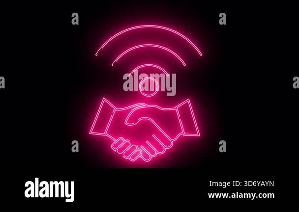 A neon pink handshake icon topped with WiFi symbol on a black ...