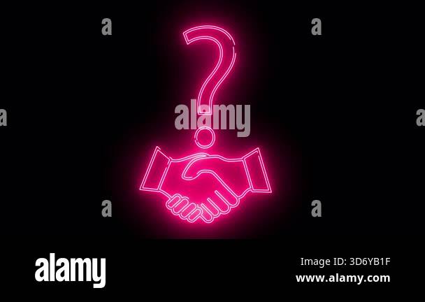 A pink neon question mark sits above a handshake symbol on a black ...
