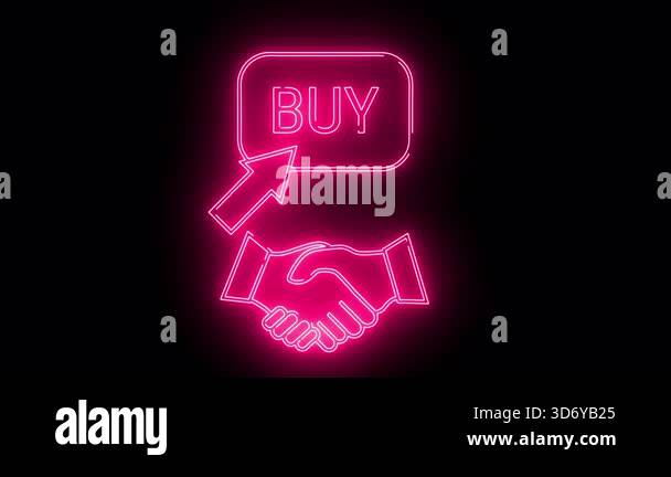 Neon pink BUY button with arrow above a handshake outline all against a ...