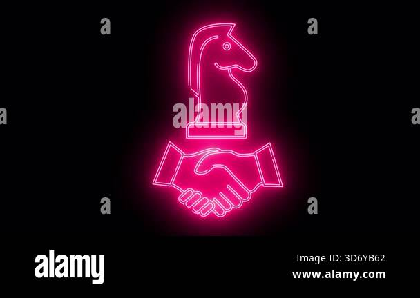 A neon pink chess knight hovers over a neon pink handshake on a black ...