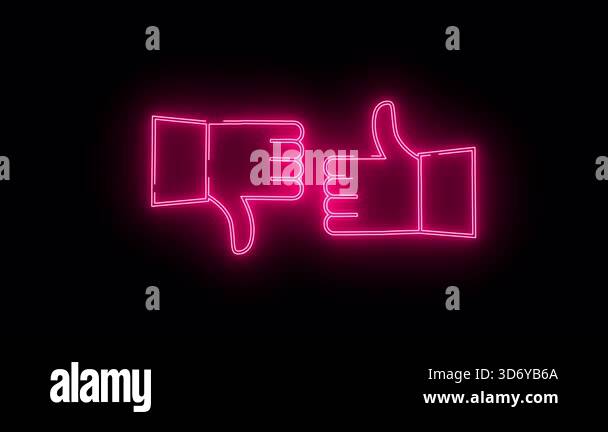 Two neon pink outlined hands one thumbs up one thumbs down on a black ...