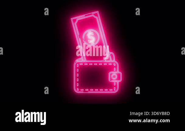 Pink neon outlines a wallet with a dollar bill sticking out set against ...