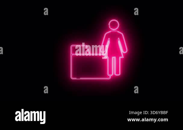 A neon pink outline of a file folder female figure glows on a black ...