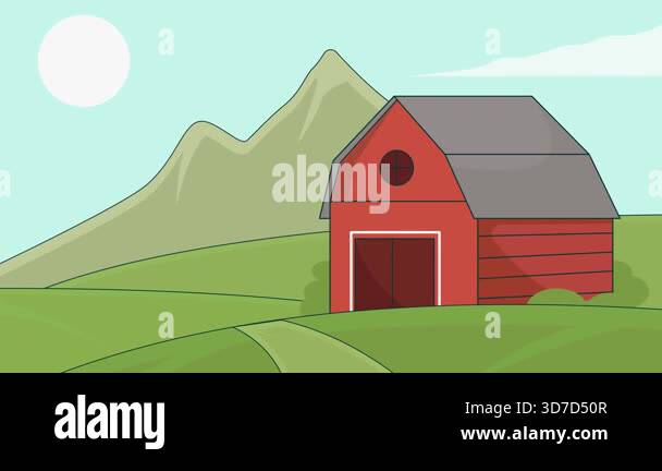 Red barn Building landscaped cartoon animation backgrounds video. Farm ...