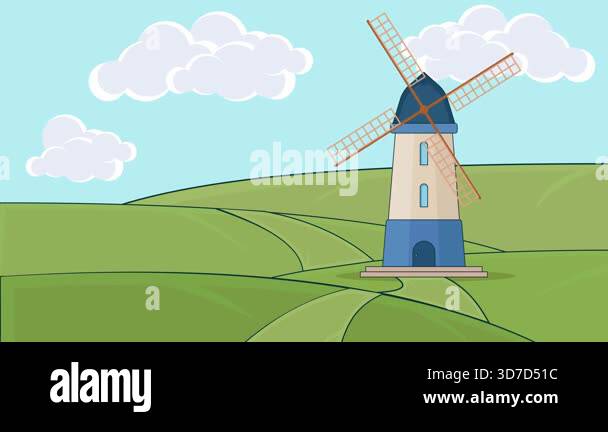 windmill with rotating sails on a green landscaped cartoon animation ...