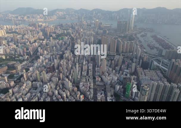 High-Angle Aerial View of a Dense Asian Metropolis and Harbor Stock ...