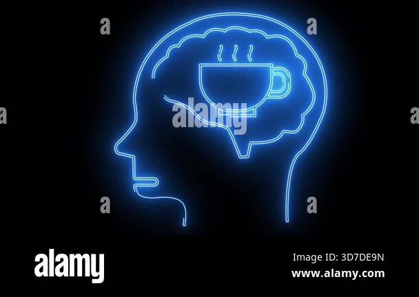 Neonblue outline of a head with a brain filled with a steaming coffee ...