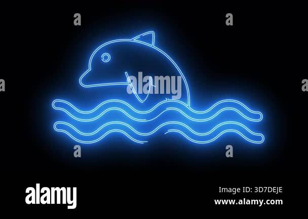 Neon blue outline dolphin jumping out of wavy water against black ...