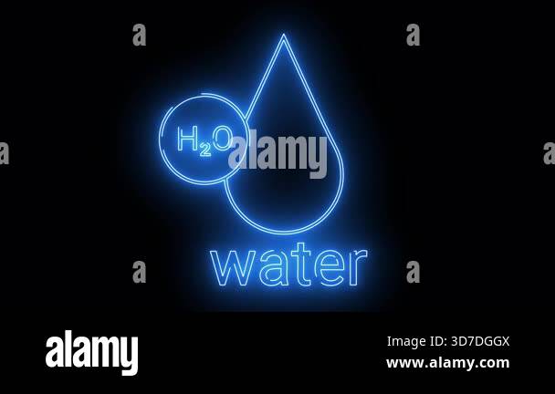 Blue neon outline of water drop H2O symbol and the word water on a ...