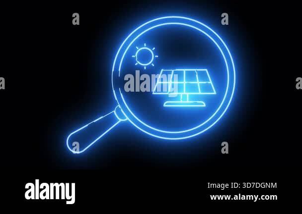 A luminous blue neon magnifying glass encapsulates a sun and solar ...
