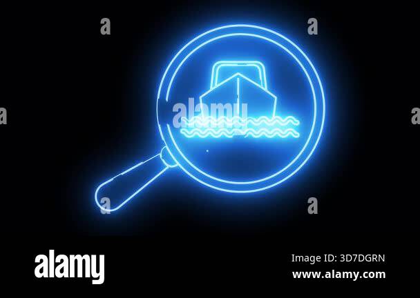 A neon blue outline of a magnifying glass showing a boat on wavy water ...