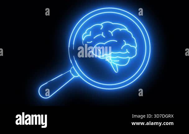 Blue neon brain under magnifying glass against black background Stock ...