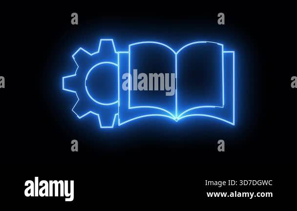 A neon blue book and gear icon glow against a black background Stock ...