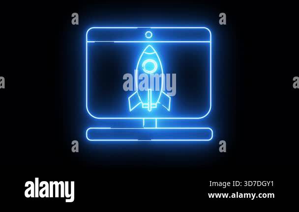 A blue neonoutlined computer monitor with a rocket ship on the screen ...