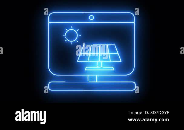 Blue neon icon tablet displays solar panel and sun on a black ...