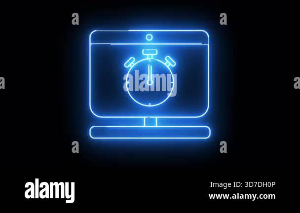 A neon blue monitor screen with a stopwatch symbol in the center ...