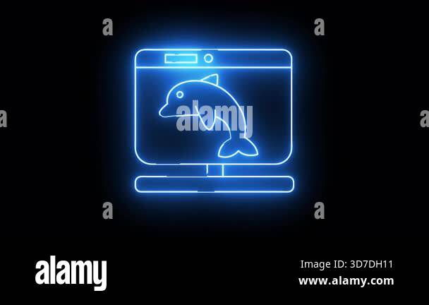 Blue neonstyle monitor displaying a dolphin sketch on a black ...