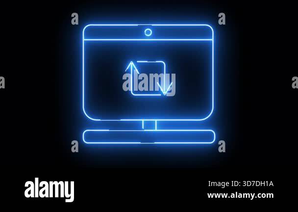 Neonblue outline of a desktop computer with a circular camera and a ...