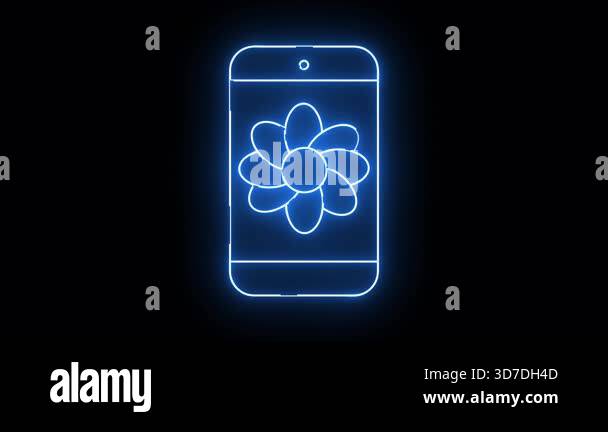 A neon blue phone icon displays a flower on a black background Stock ...